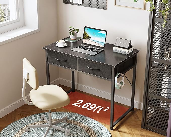 ODK Small Desk with Fabric Drawers- for Bedroom, White Study Desk with ...